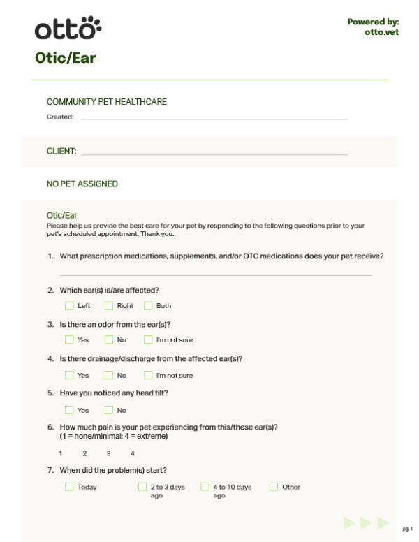 Otic/Ear History Form Template - Otto
