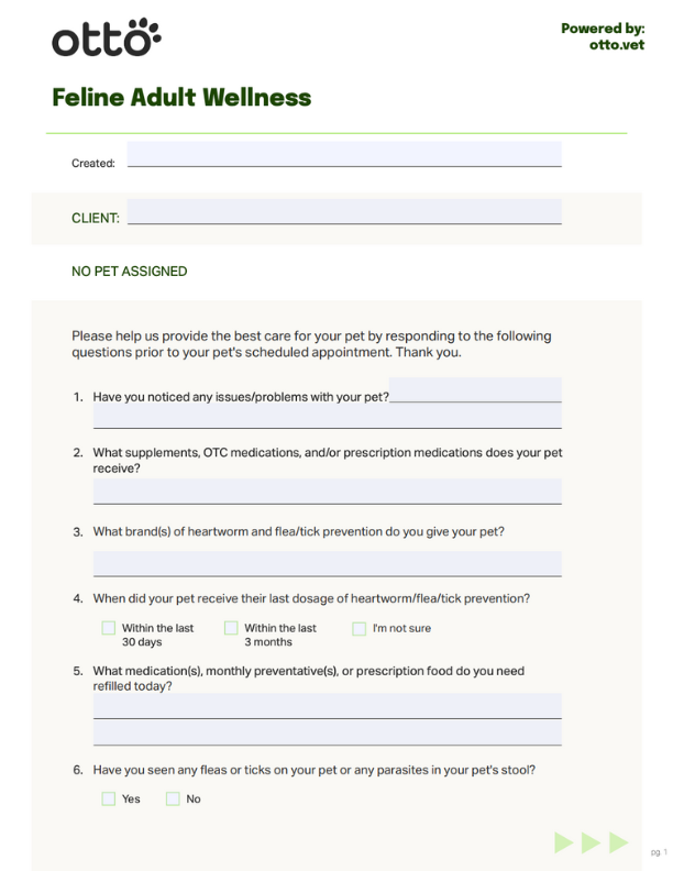 Feline Adult Wellness Form Template for Veterinary Clinics - Thank You ...
